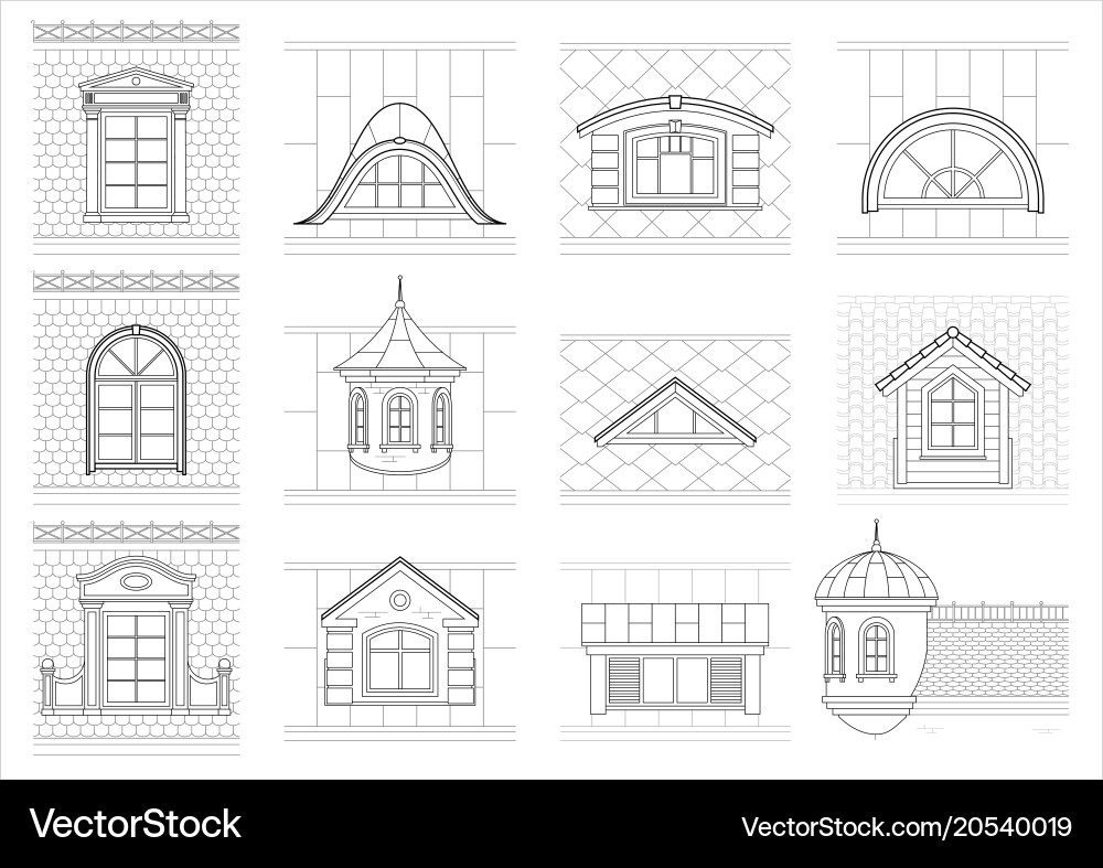 Set classic attic windows for facade Royalty Free Vector