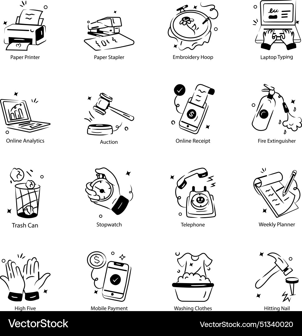 Bundle of work tasks hand drawn icons Royalty Free Vector