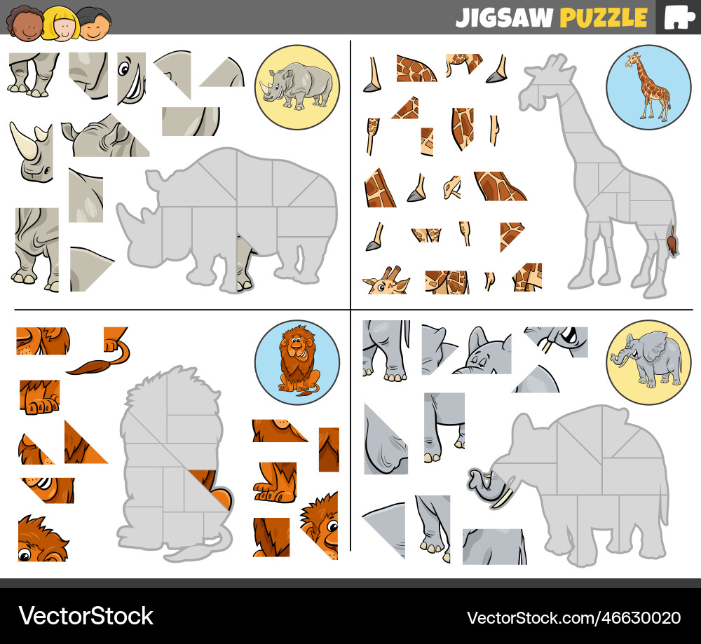 Jigsaw puzzle games set with funny cartoon wild Vector Image