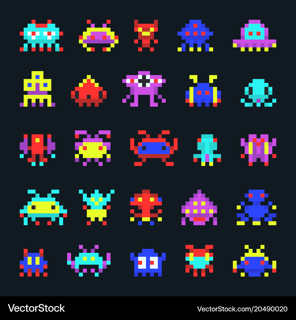 Pixel Space Monsters Arcade Icons Royalty Free Vector Image