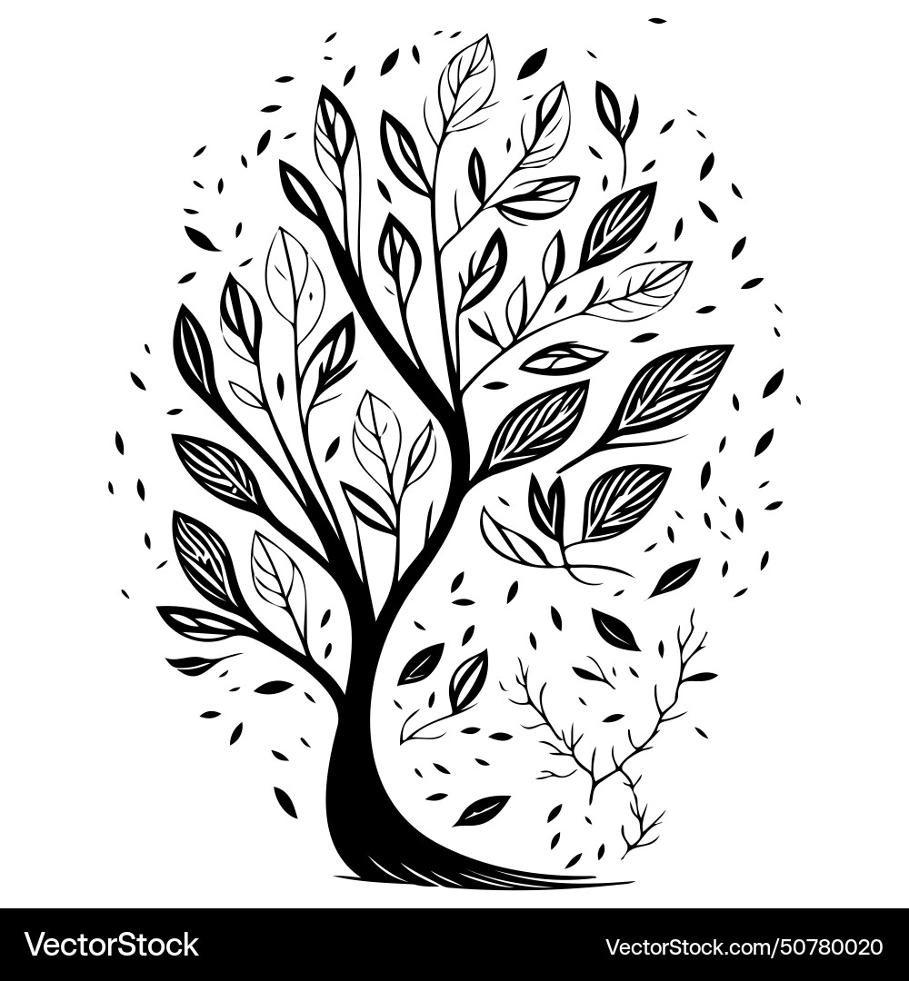 Tree half spring autumn floral sketch draw Vector Image