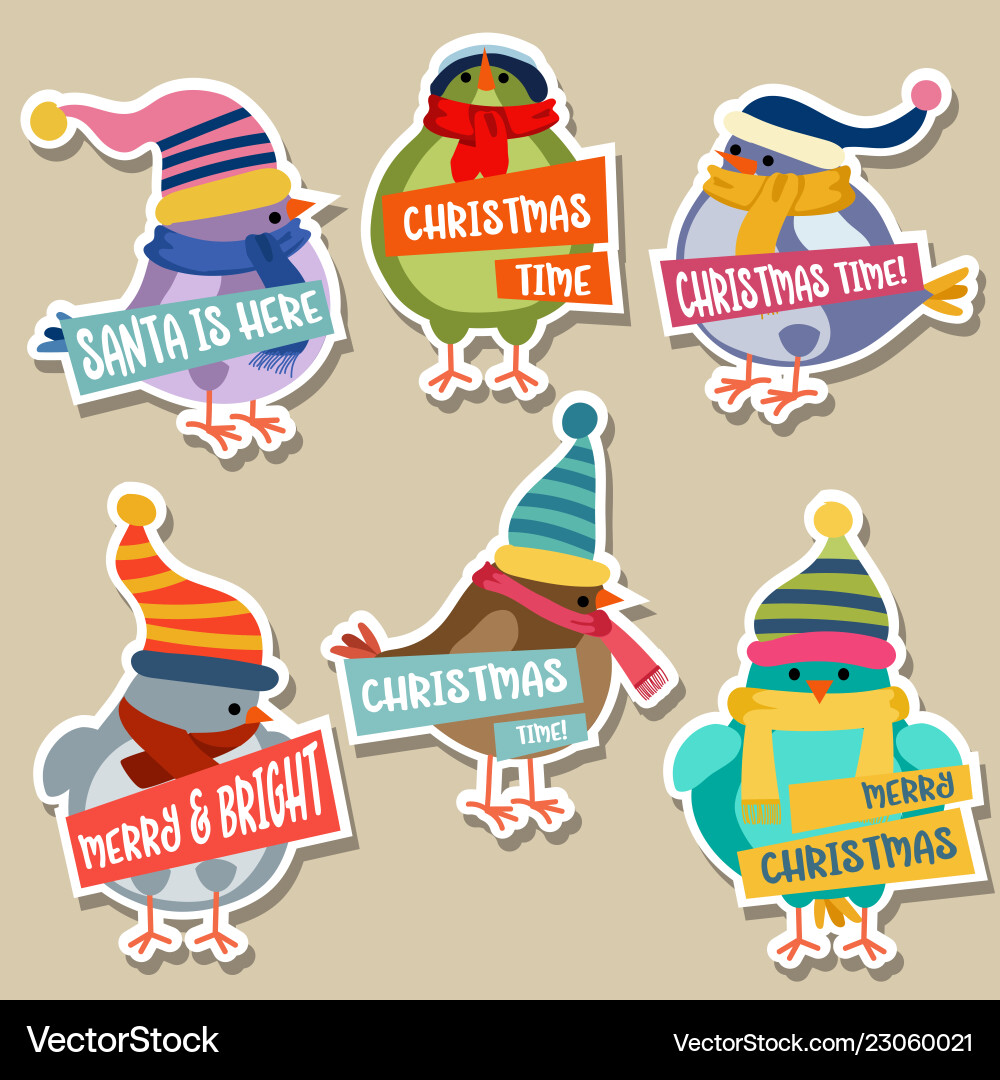 Christmas stickers collection with birds Vector Image