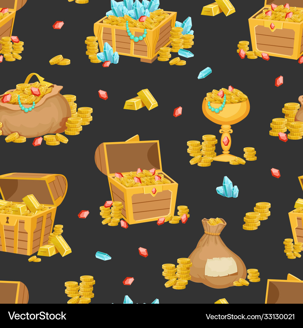 Gold treasures seamless pattern wooden chest Vector Image
