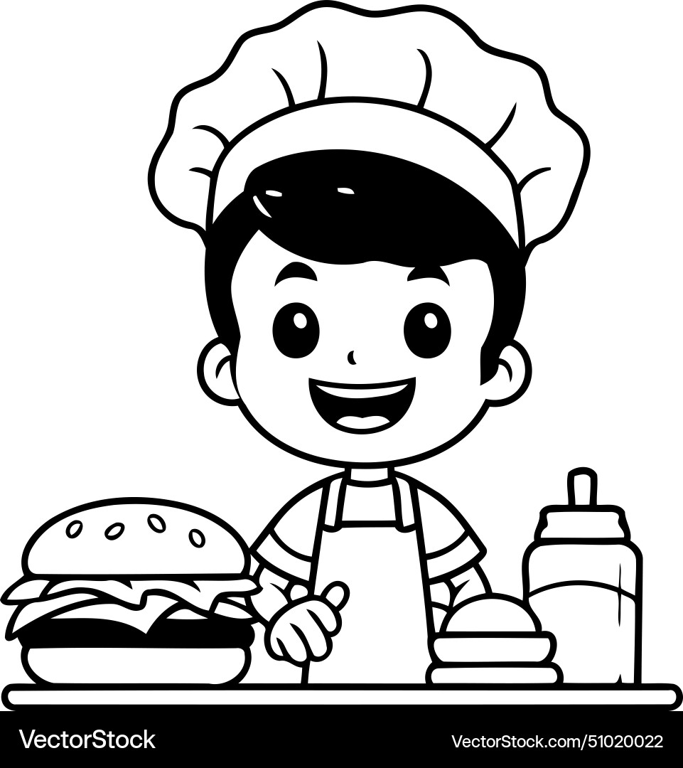 Cartoon chef boy with hamburger and sauce Vector Image