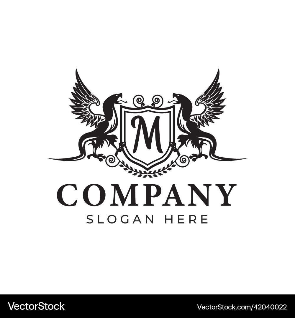 Two winged snakes letter m antique design Vector Image