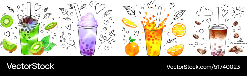 Bubble Tea Set With Line Art Doodles Royalty Free Vector