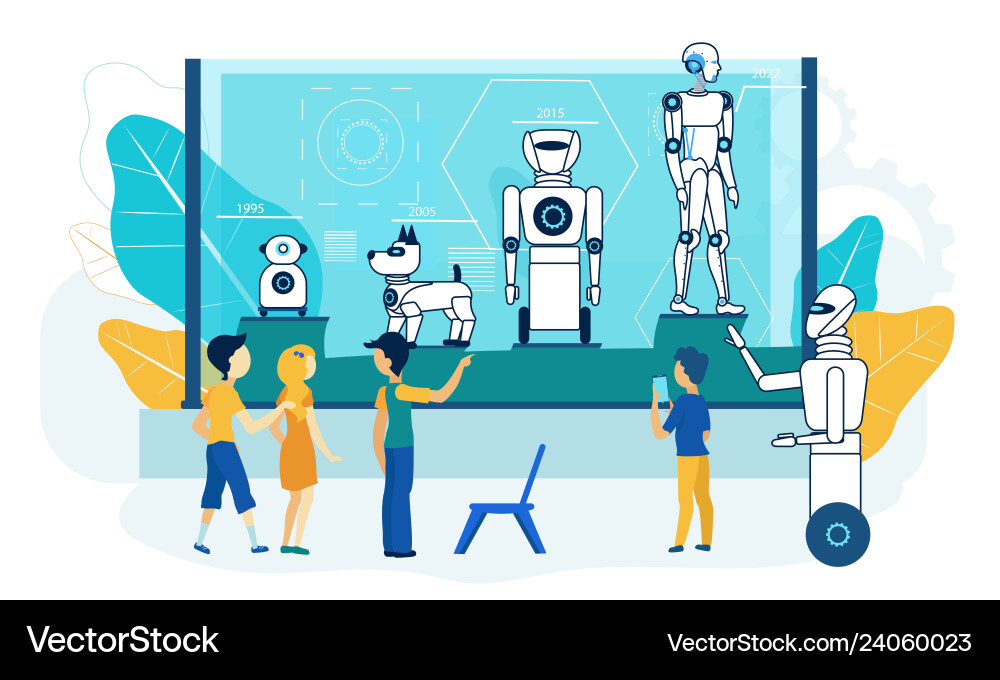 Robot exhibition museum tech demonstration flat Vector Image