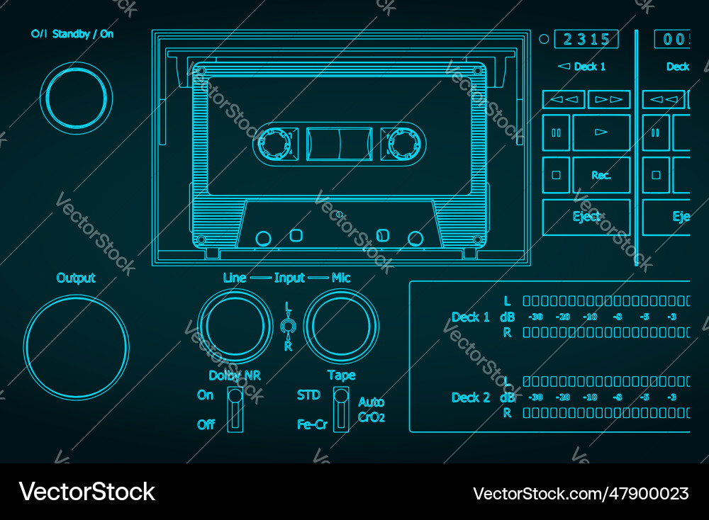 Tape recorder cassette deck blueprint Royalty Free Vector
