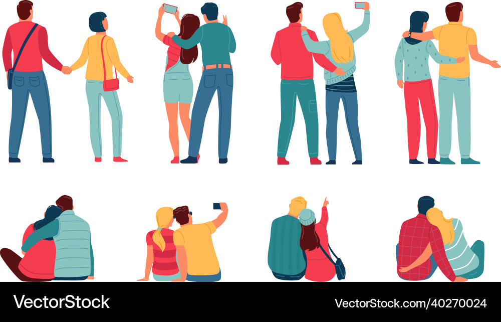 Back view couples happy hugging people stand Vector Image