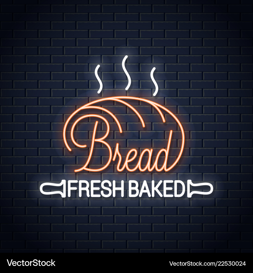 Bread neon banner bakery sign on wall Royalty Free Vector