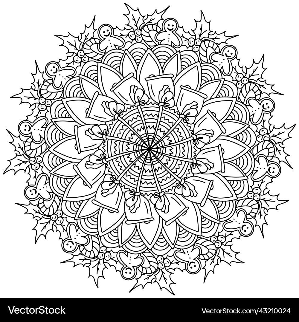 Christmas mandala meditative coloring page Vector Image