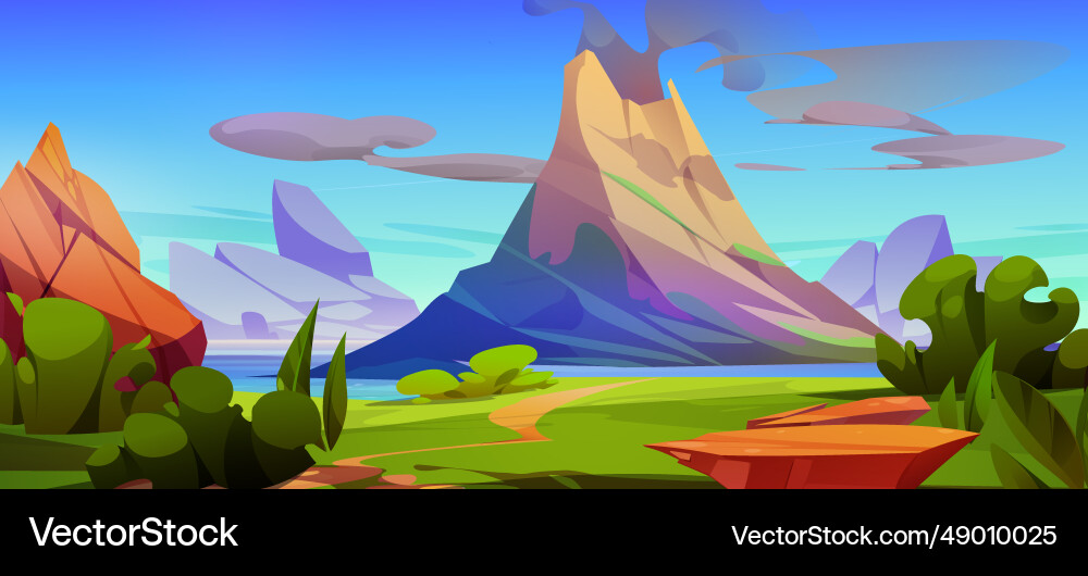 Cartoon volcano prehistoric landscape background Vector Image