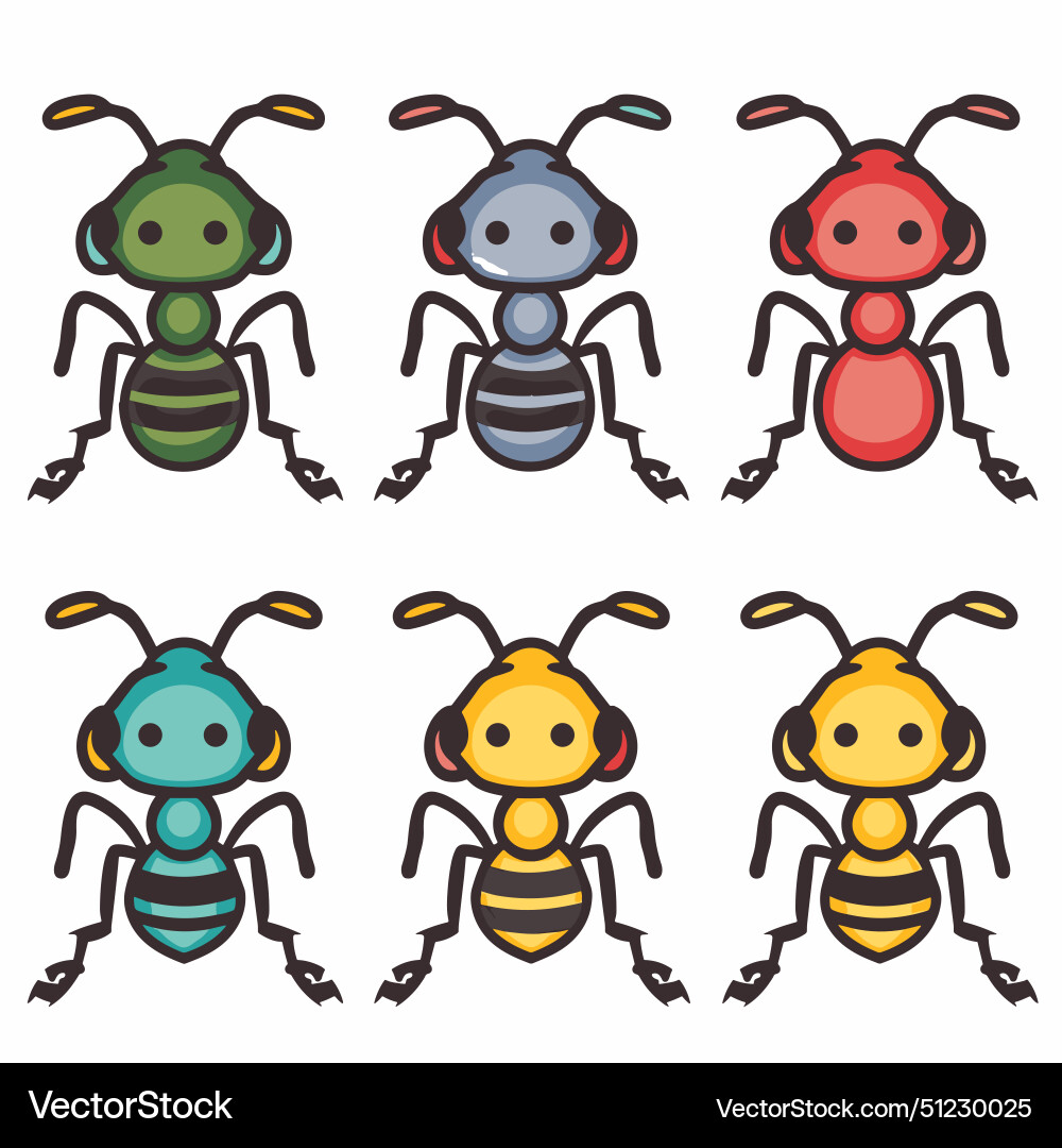 Collection six cute cartoon ants different colors Vector Image