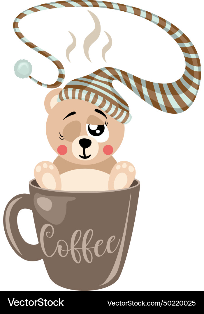 Sleepy teddy bear with sleeping hat inside cup Vector Image