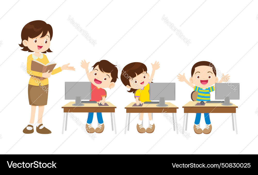 Teacher and kids learning computer technology Vector Image