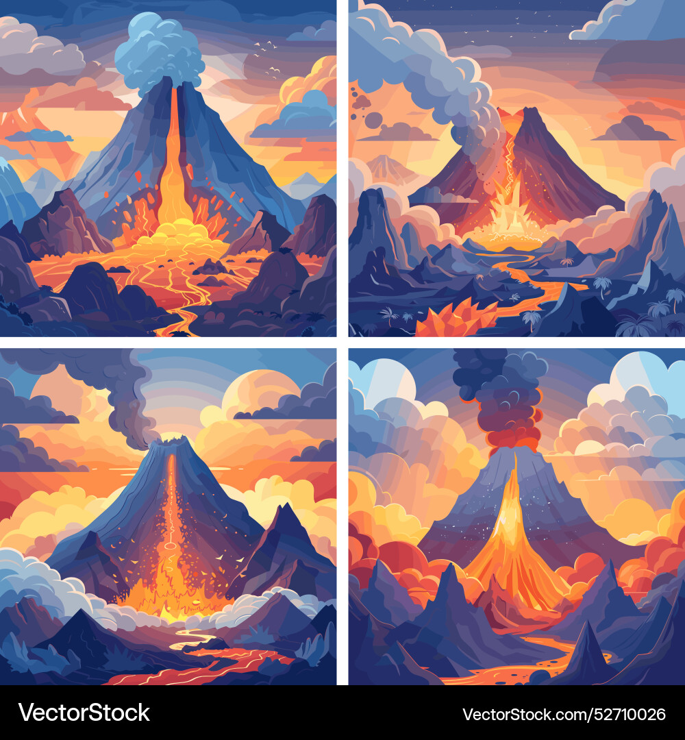 Dusk volcanic explosion cartoon scenes Royalty Free Vector