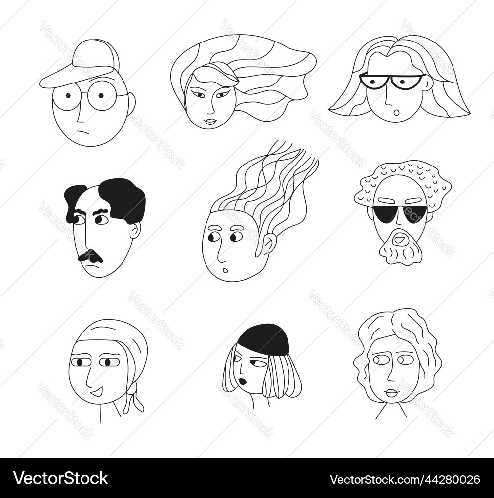 Funny faces doodle people set portraits Royalty Free Vector