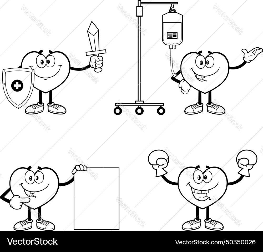 Outlined heart cartoon character collection set Vector Image