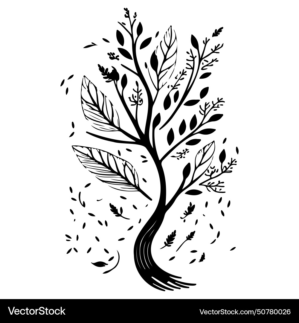 Tree half spring autumn floral sketch draw Vector Image