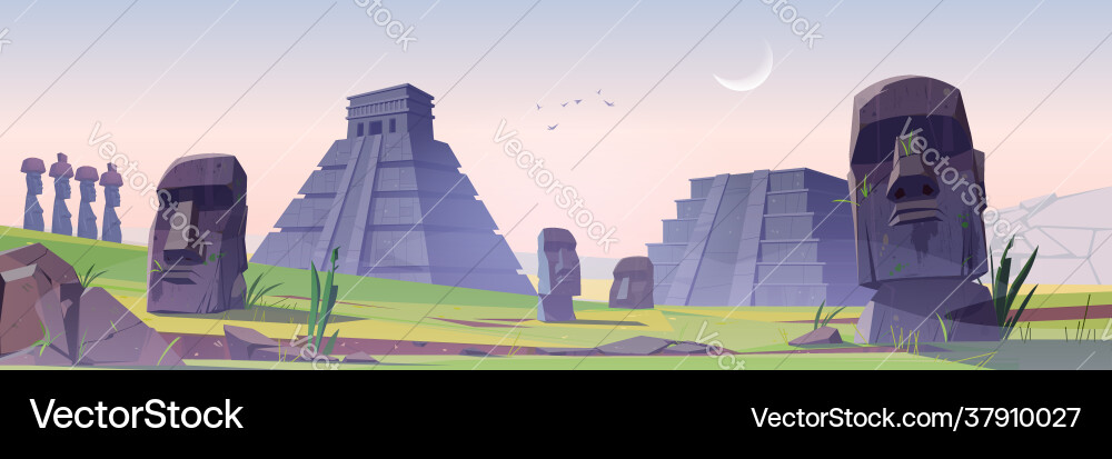 Ancient mayan pyramids and moai statues landmarks Vector Image