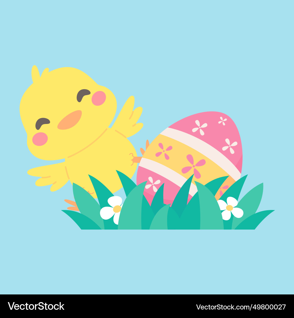 Cartoon chick with easter eggs in the grass Vector Image