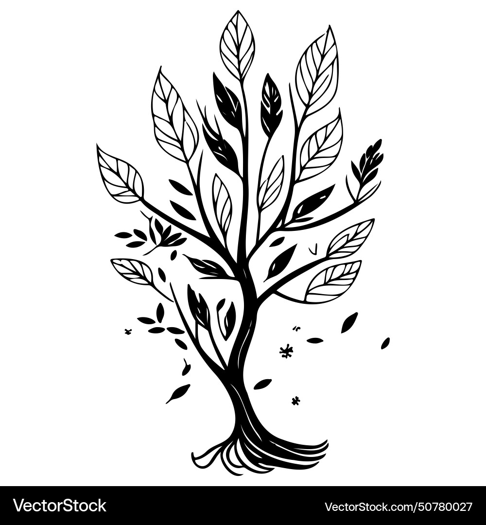 Tree half spring autumn floral sketch draw Vector Image