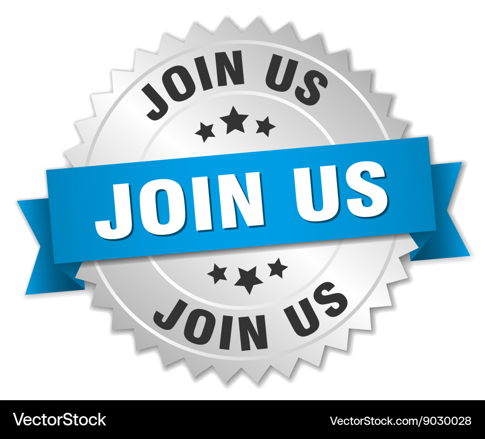 Join us 3d silver badge with blue ribbon Vector Image