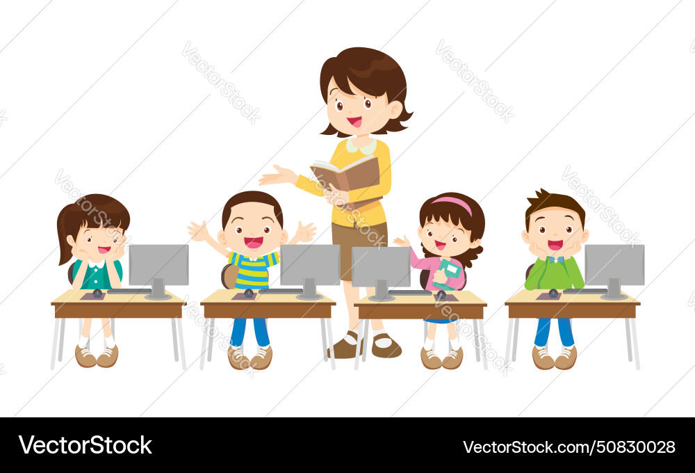 Teacher and kids learning computer technology Vector Image