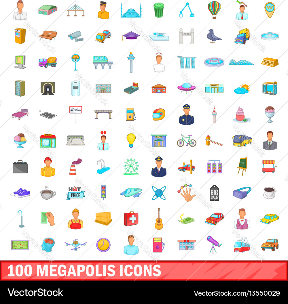 100 megapolis icons set cartoon style Royalty Free Vector