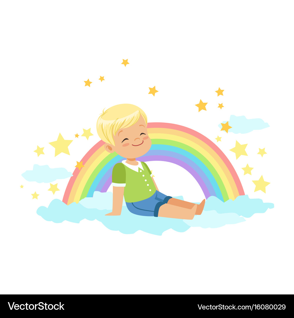 Adorable little blonde boy sitting on a cloud next