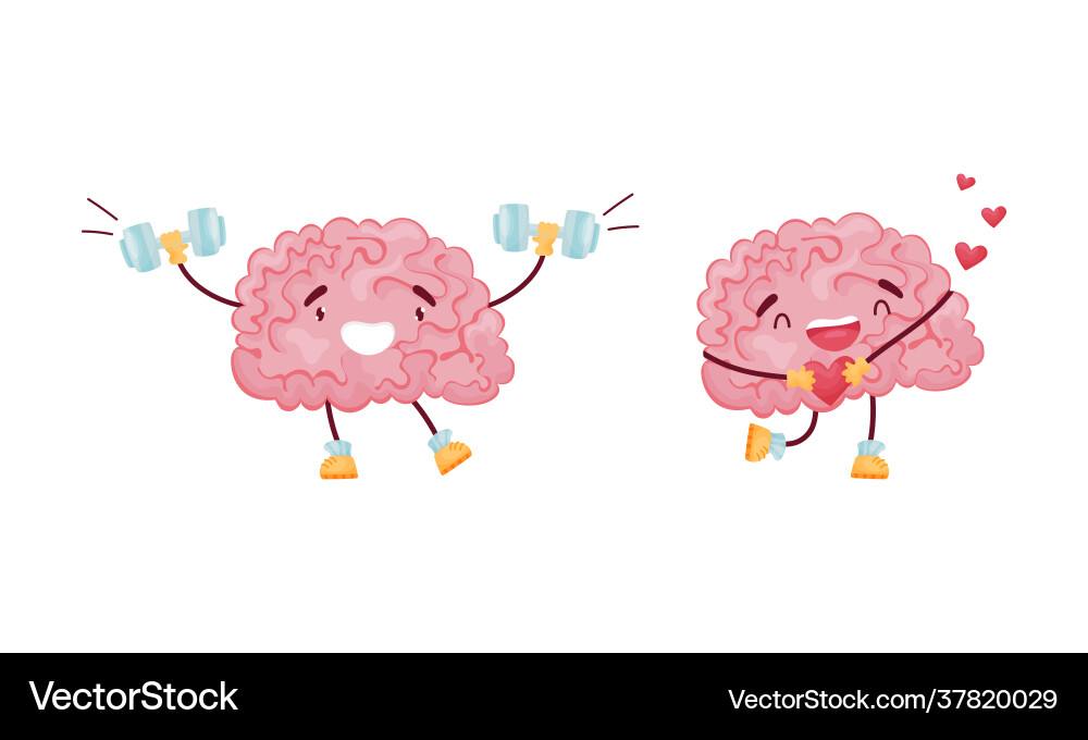 Cartoon brain character lifting dumbbell Vector Image