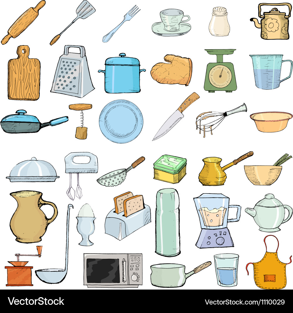 Hand Drawn Kitchen Objects Set Royalty Free Vector Image