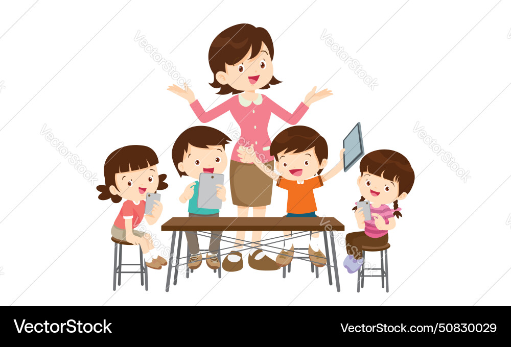 Teacher and kids learning computer technology Vector Image