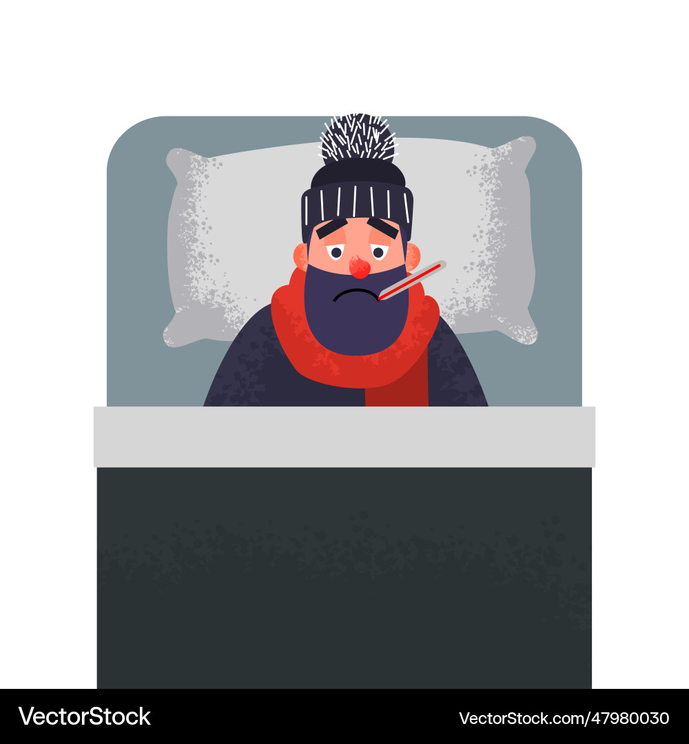 Sick cold man in bed with a thermometer Royalty Free Vector