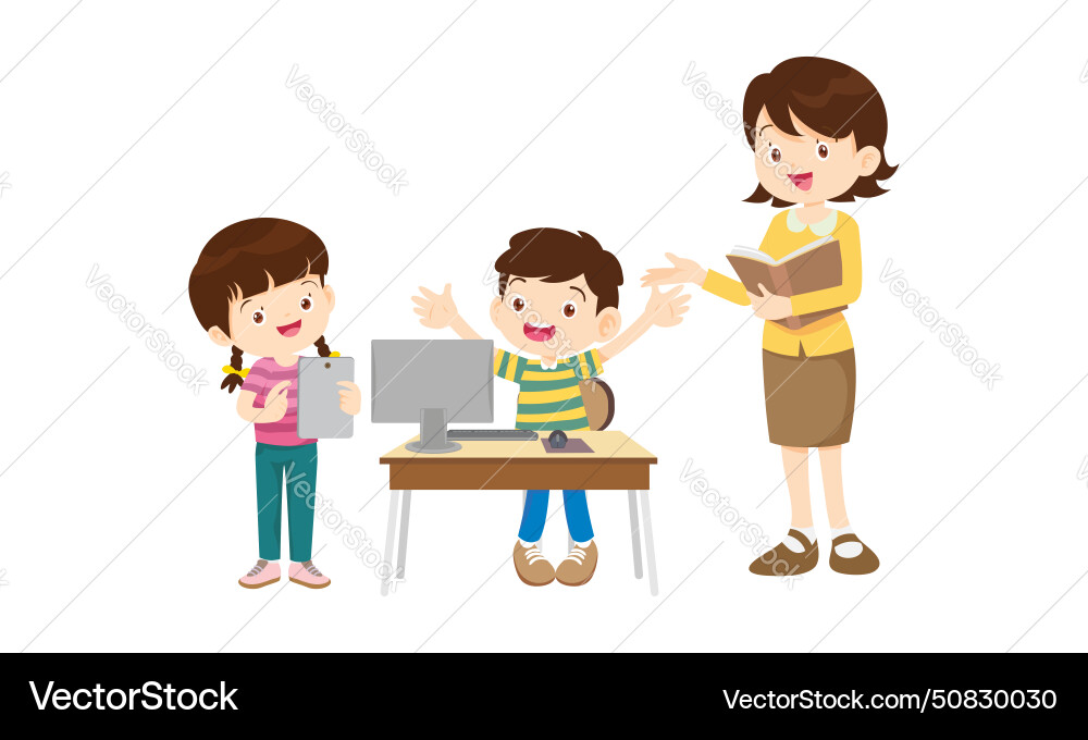 Teacher and kids learning computer technology Vector Image