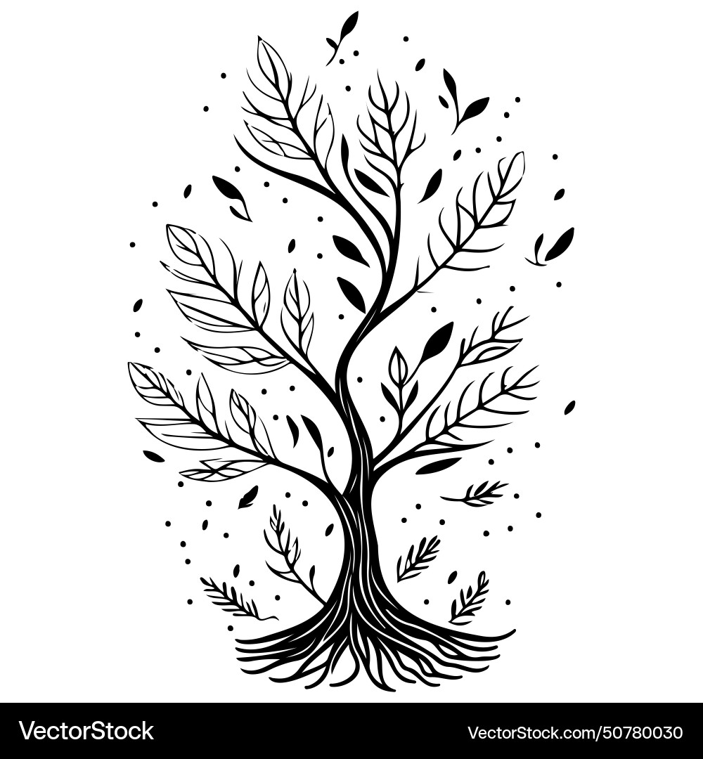 Tree half spring autumn floral sketch draw Vector Image