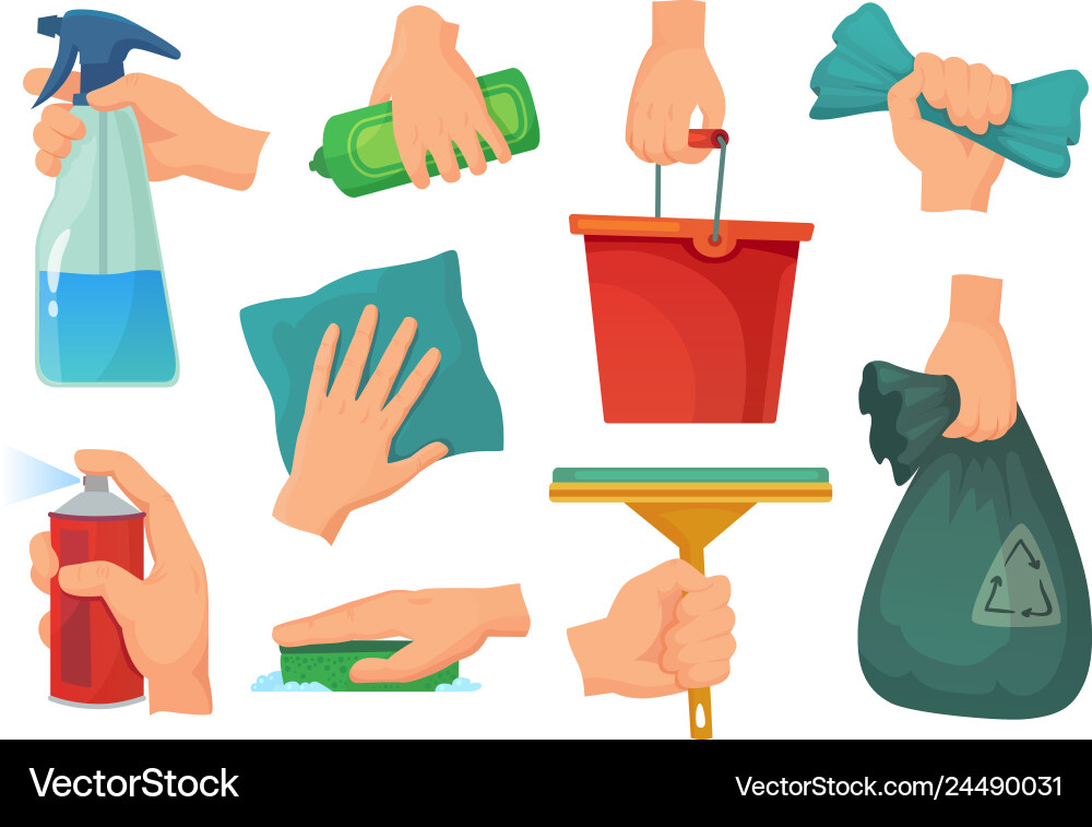 Cleaning products in hands hand hold detergent Vector Image