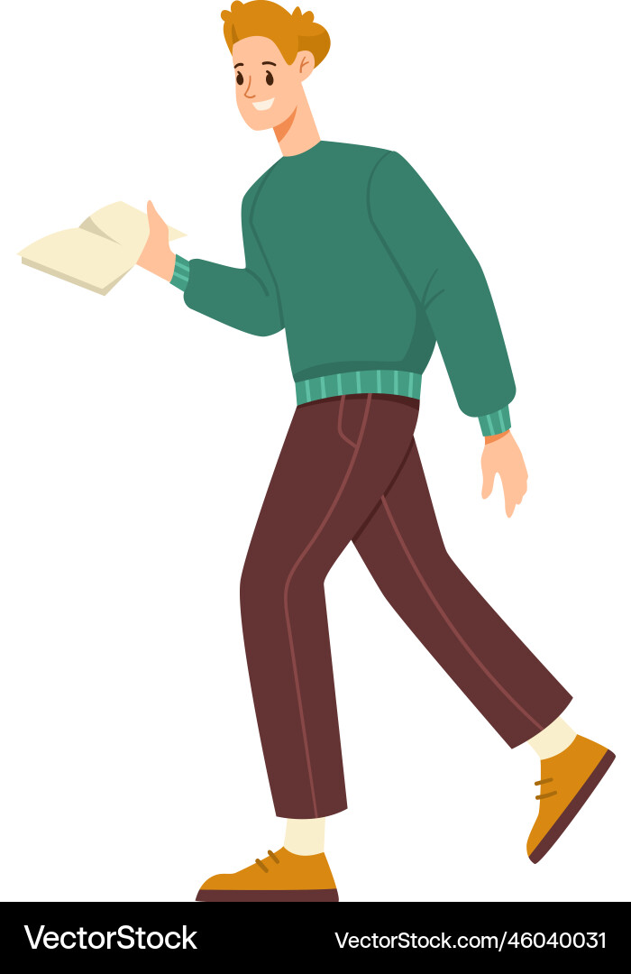 Man teacher character walking with book Royalty Free Vector
