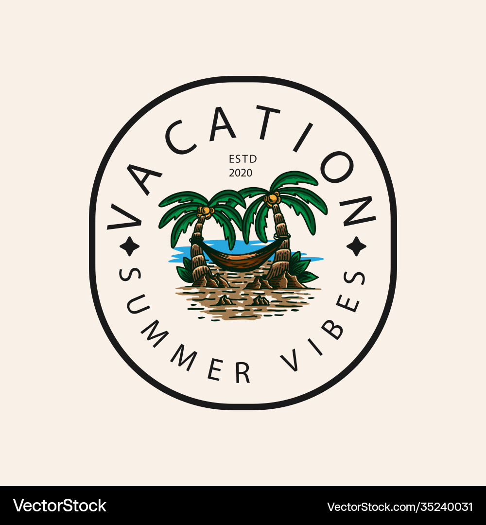 Seaside resort vacation lineart palm Royalty Free Vector