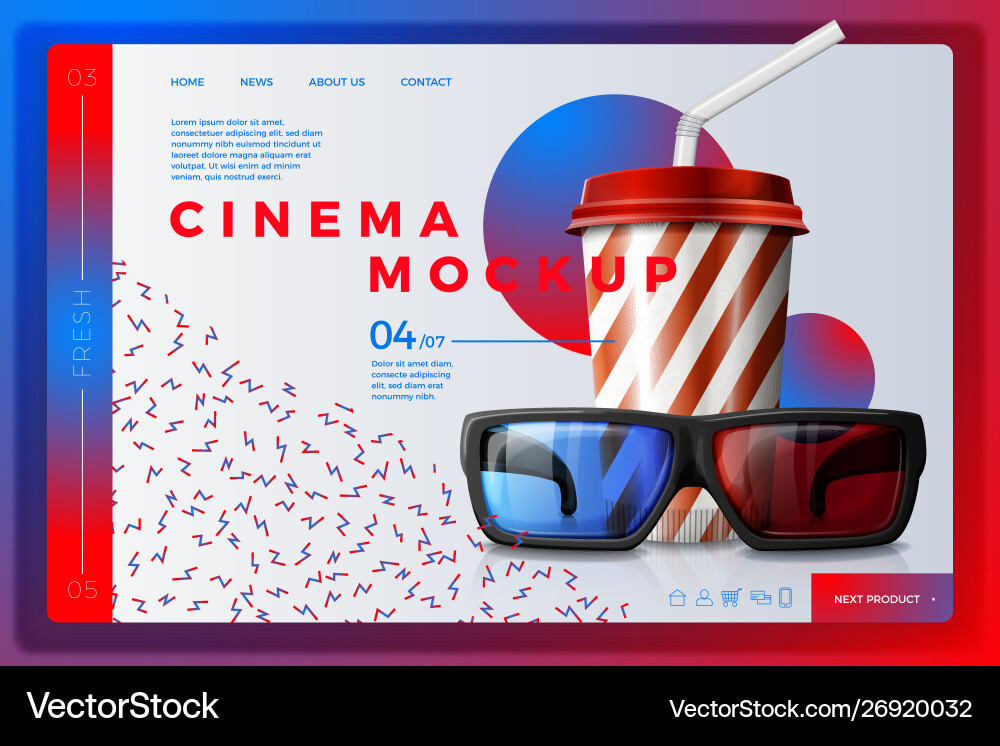 Cinema site template with cola and glasses Vector Image