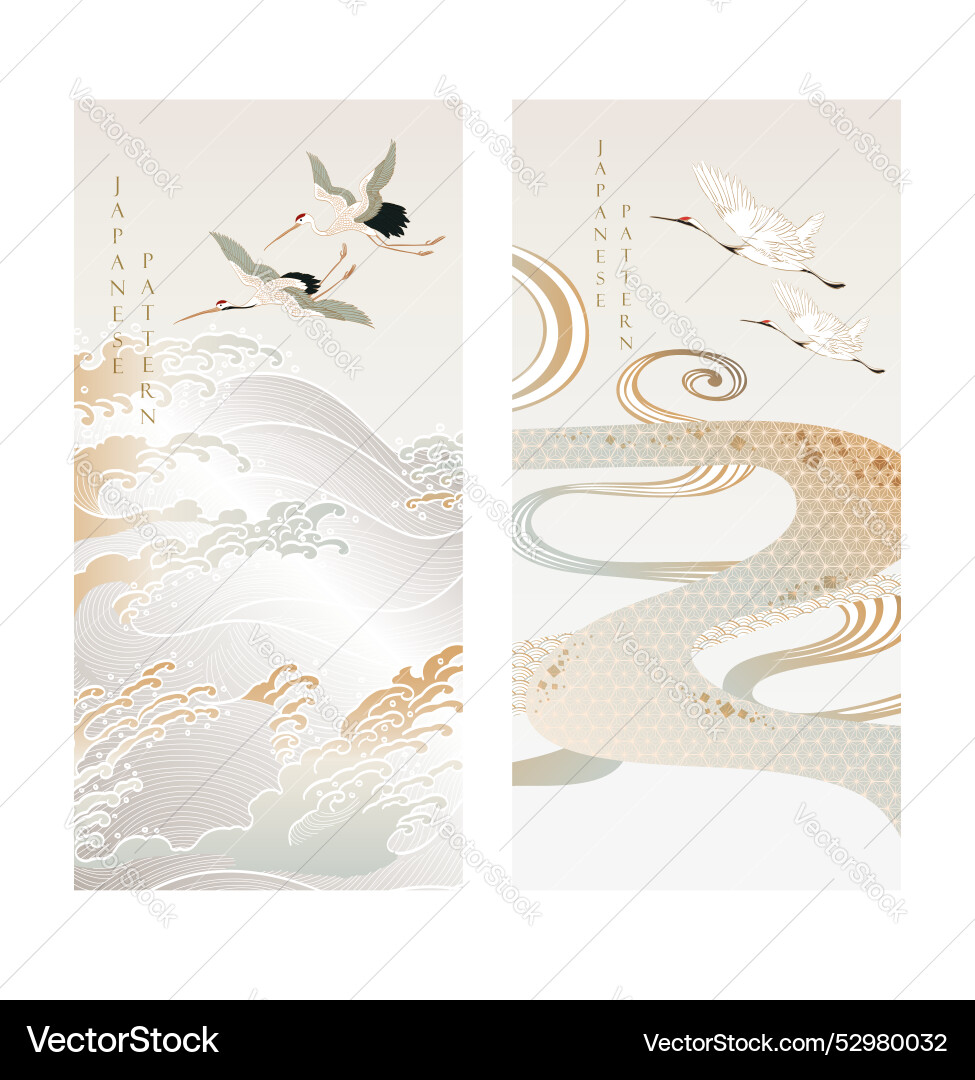 Japanese background with crane birds or herons Vector Image