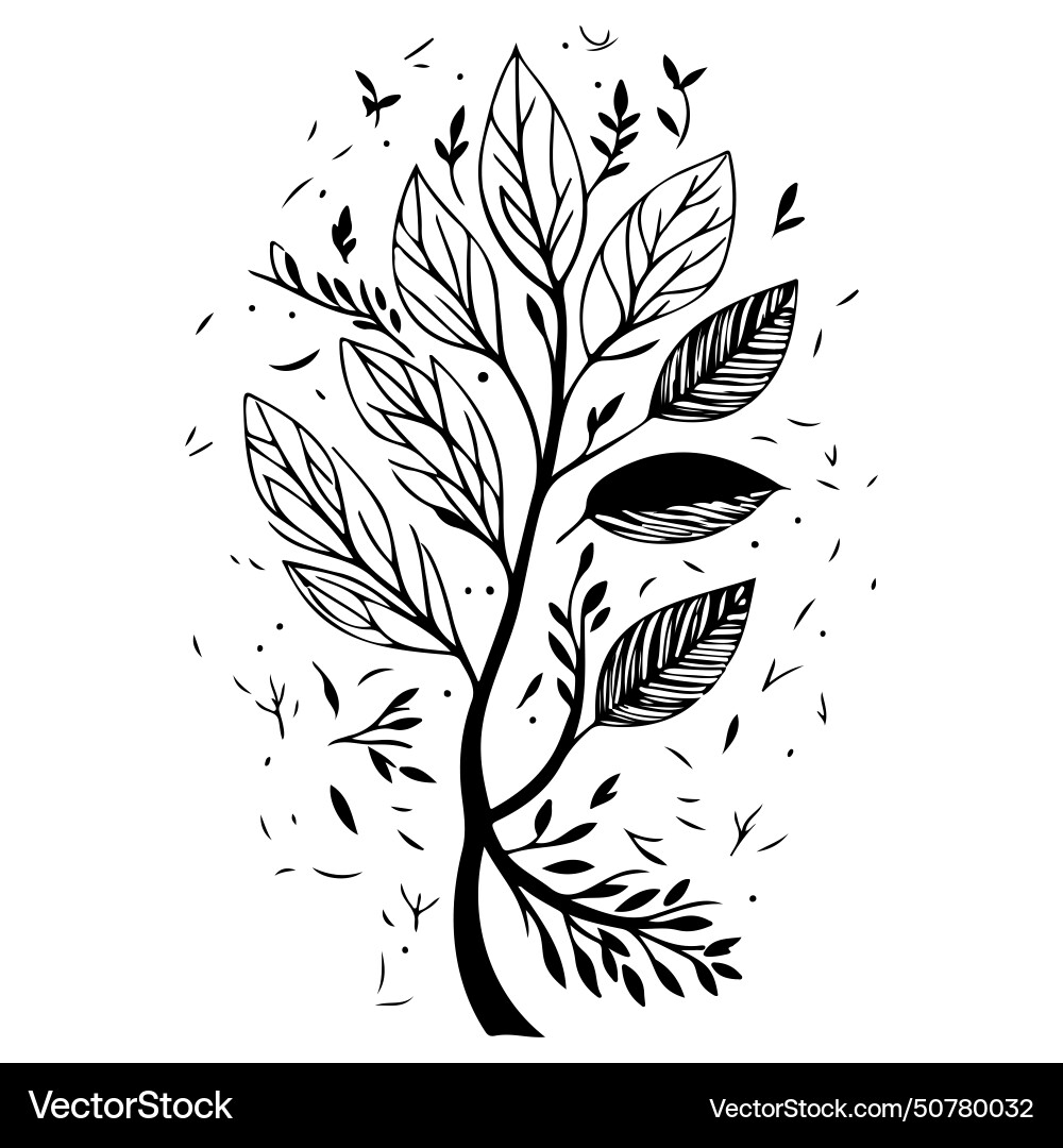 Tree half spring autumn floral sketch draw Vector Image