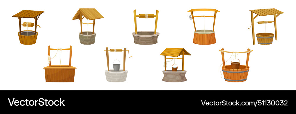 Water well as rustic stone and wood structure Vector Image