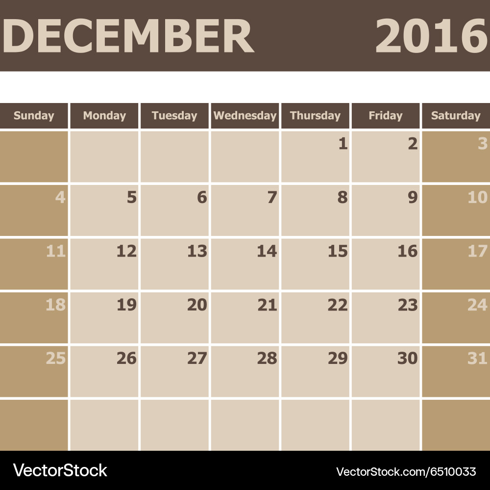 Calendar december 2016 week starts from sunday Vector Image