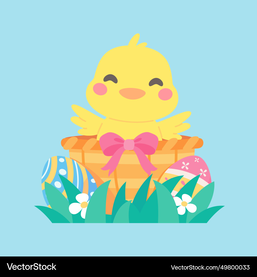 Cartoon chick with easter eggs in the grass Vector Image