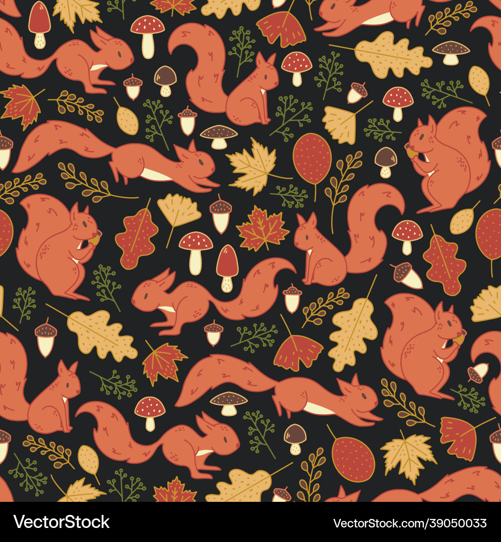 Cute squirrel autumn leaves acorn seamless pattern