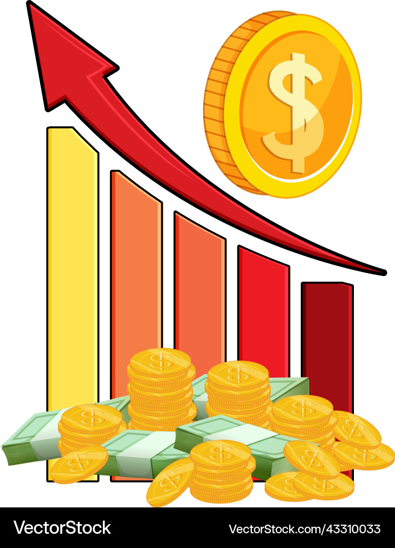 Red bar chart with pile of money Royalty Free Vector Image