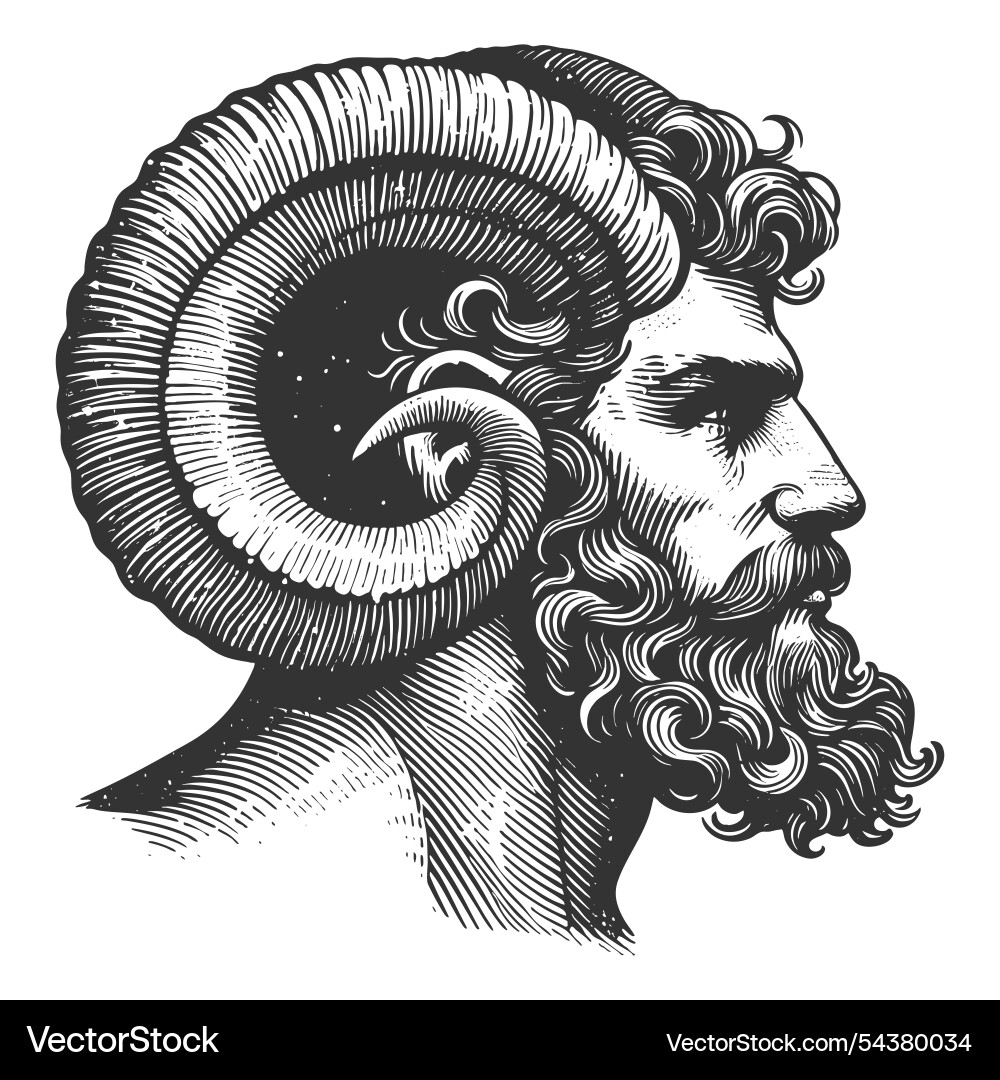 Bearded man ram horns artwork engraving Royalty Free Vector