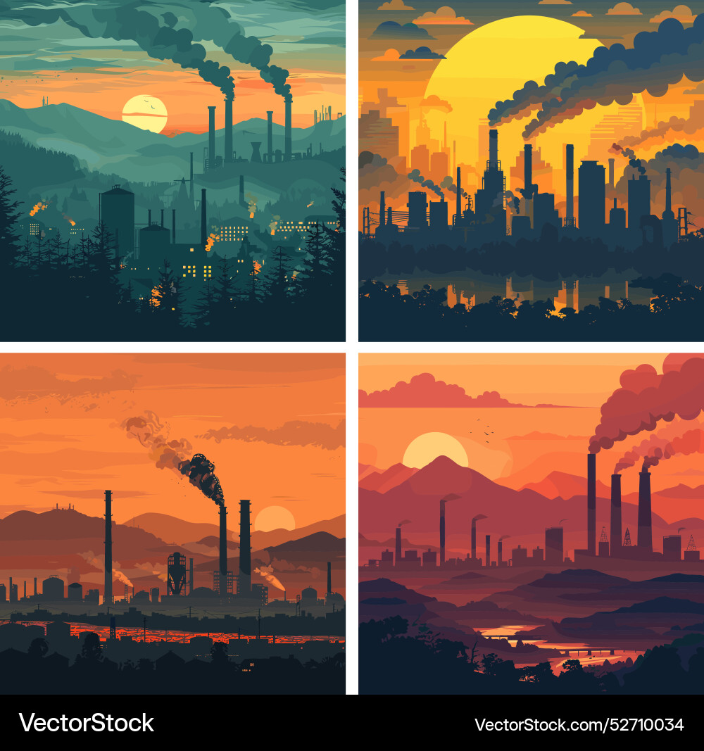 Factory skyline sundown smokestacks animated Vector Image