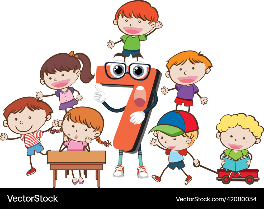 Seven kids attached to number Royalty Free Vector Image